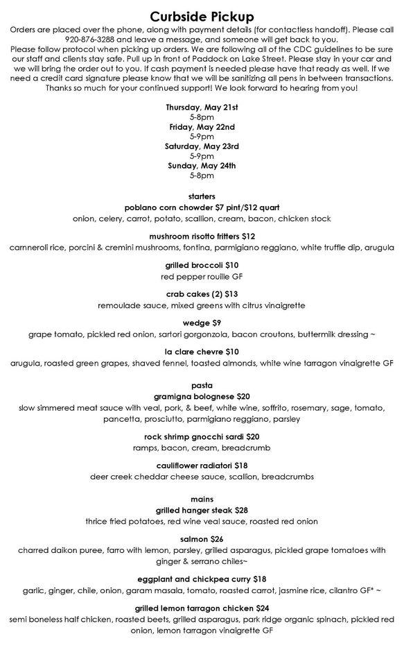Menu at Paddock Club, Elkhart Lake