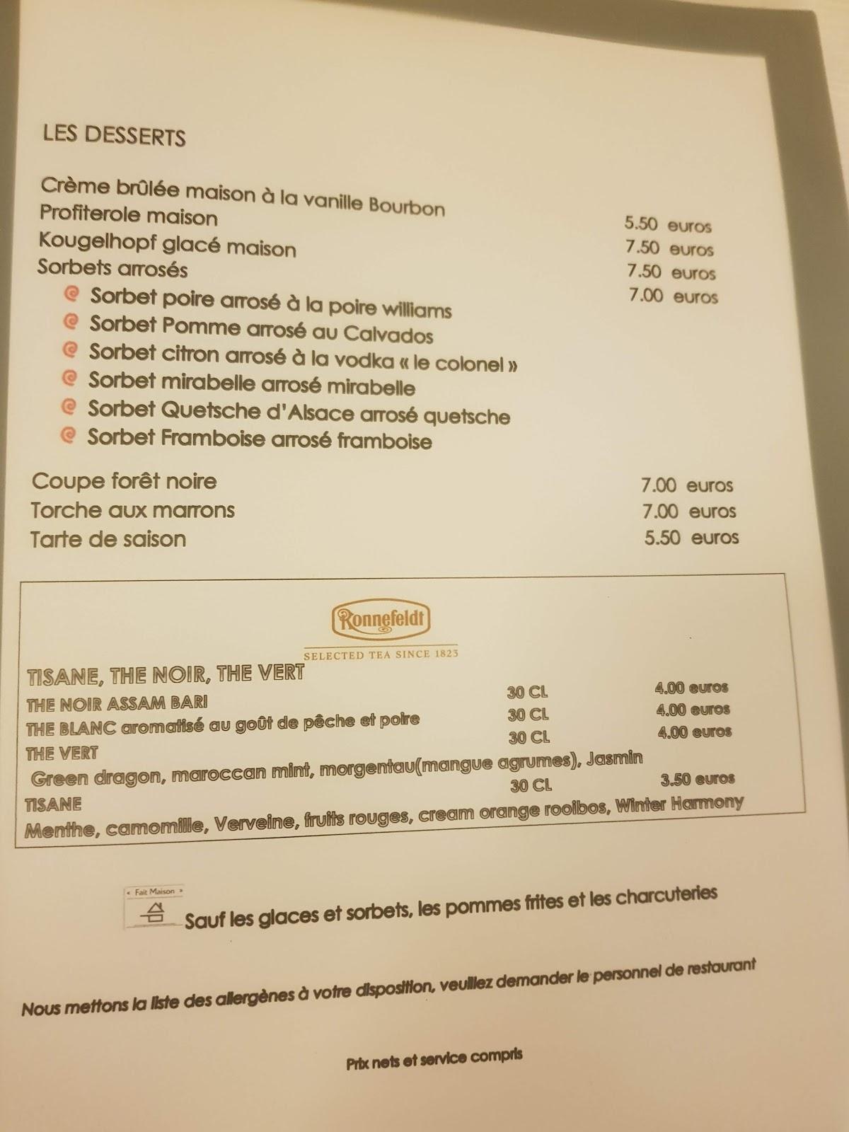 Menu au Restaurant au Soleil, Bernwiller