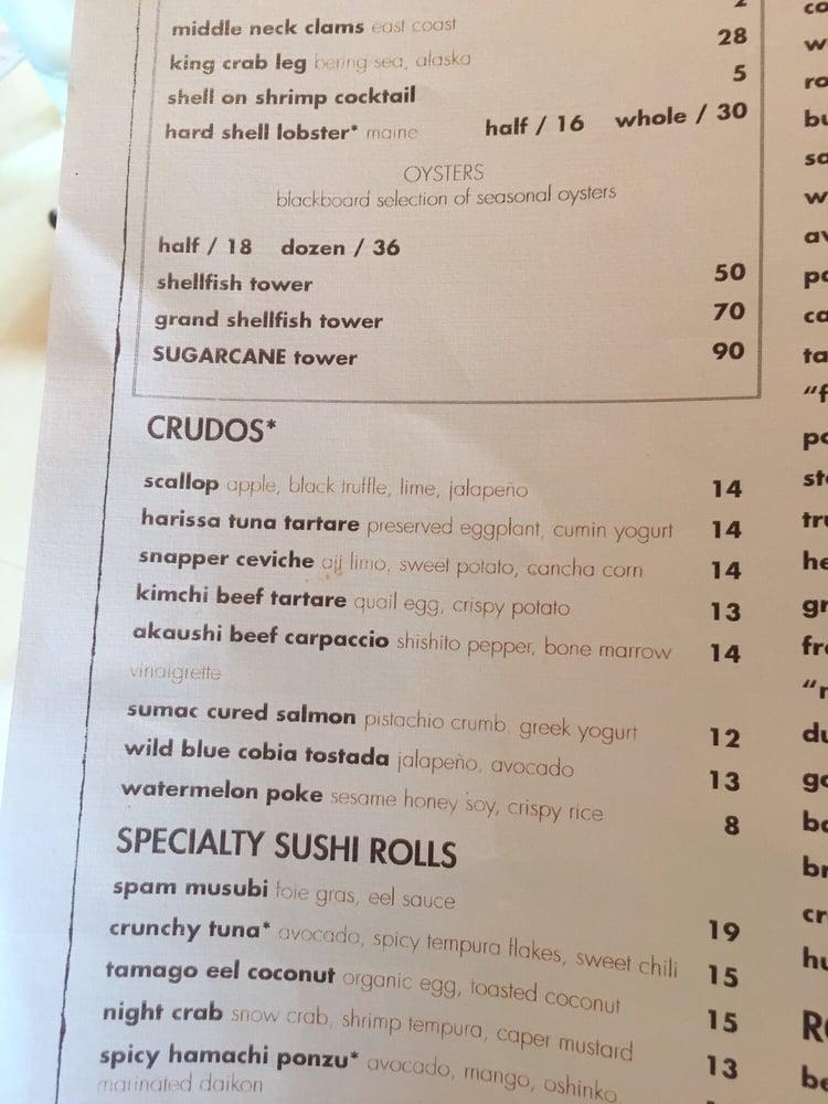 Menu at Sugarcane restaurant, Miami