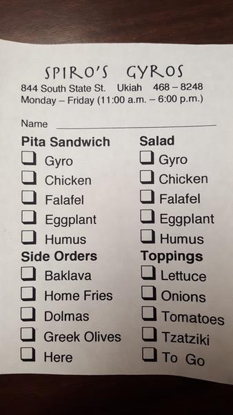 Menu at Spiro's Gyros & Deli restaurant, Ukiah