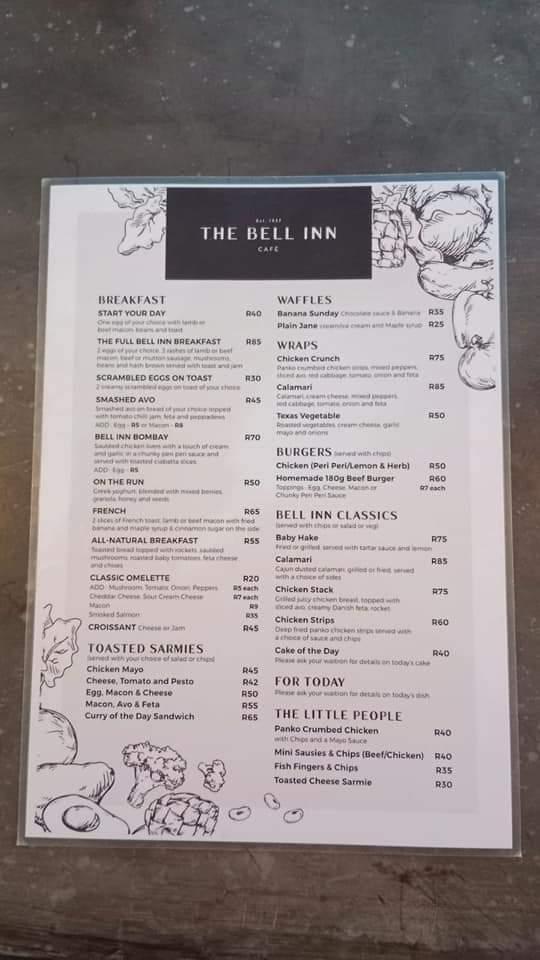 Menu at The Bell Inn Events cafe, Durban North