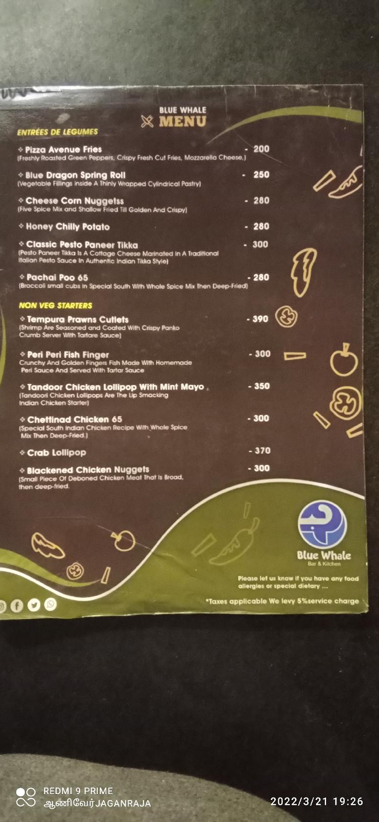 Menu at Blue Whale - Bar and Kitchen, Puducherry