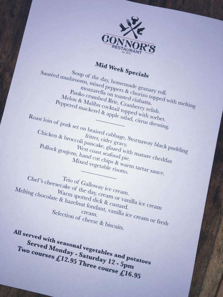Menu at Connor's restaurant, Portpatrick
