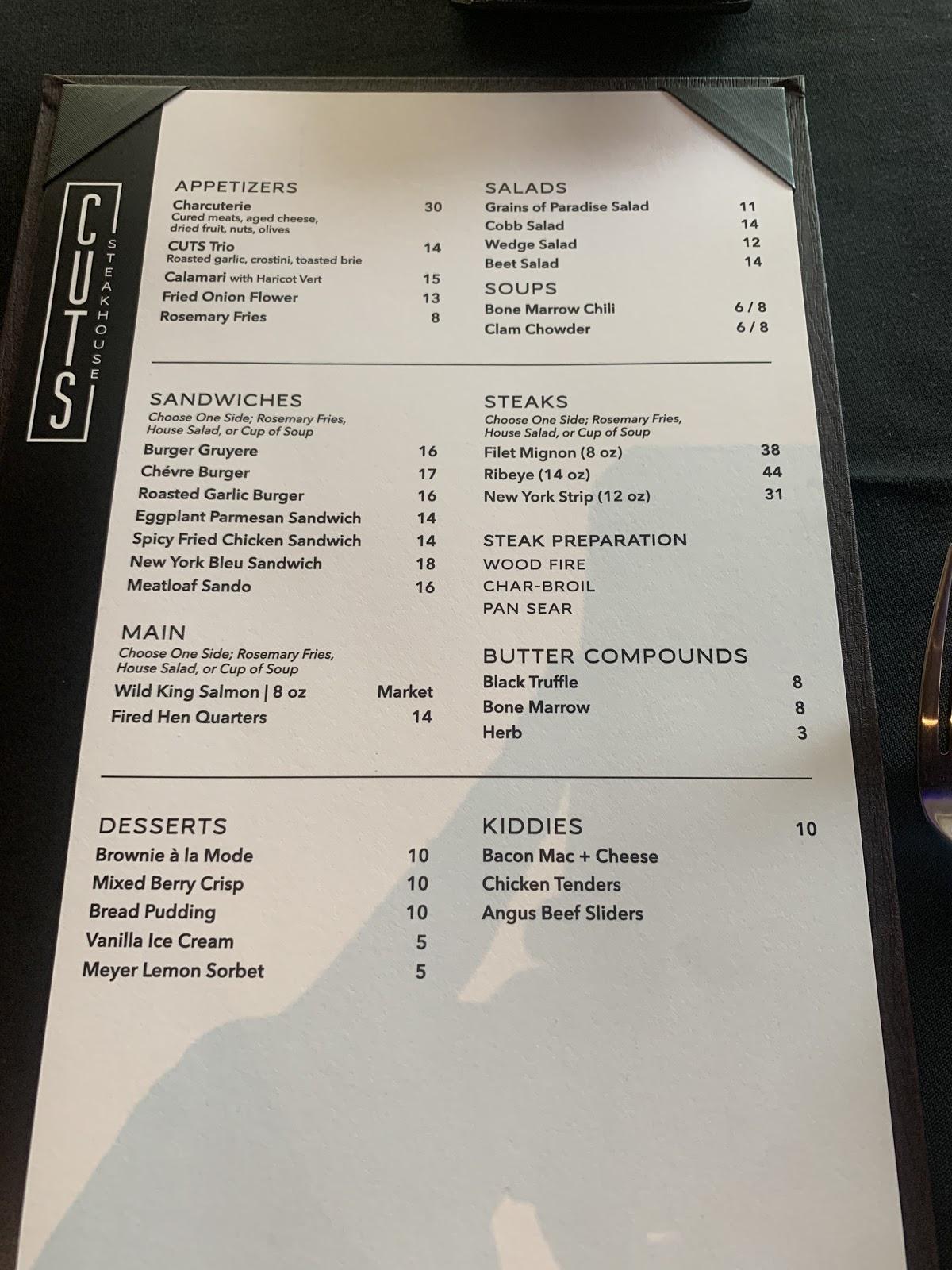 Carta de Cuts Steakhouse, Turlock