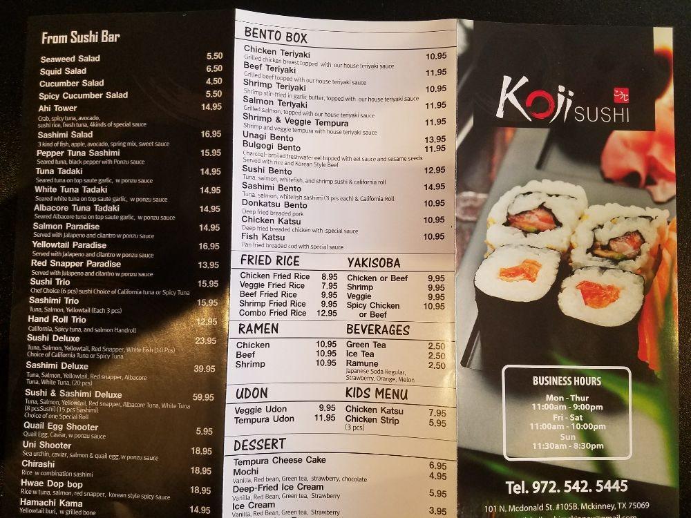 Menu at Koji Sushi restaurant, McKinney, 101 N McDonald St