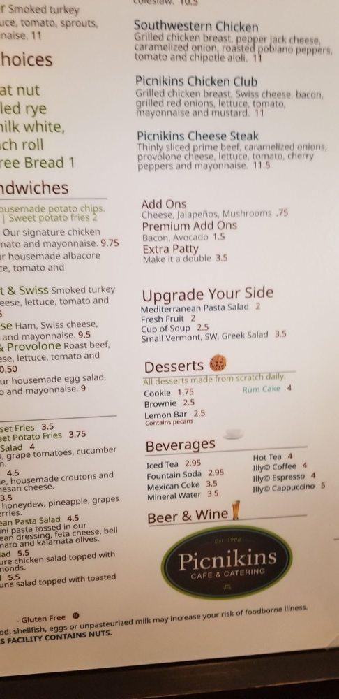 Menu at Picnikins restaurant, San Antonio, Blanco Rd
