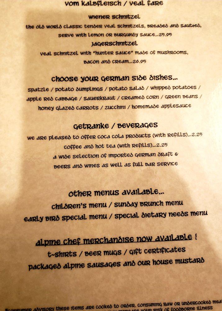 Menu at The Alpine Chef restaurant, Fredericksburg