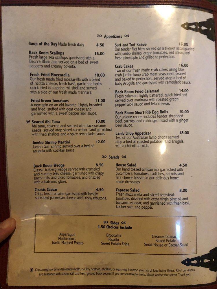 Menu at The Back Room Steakhouse, Apopka