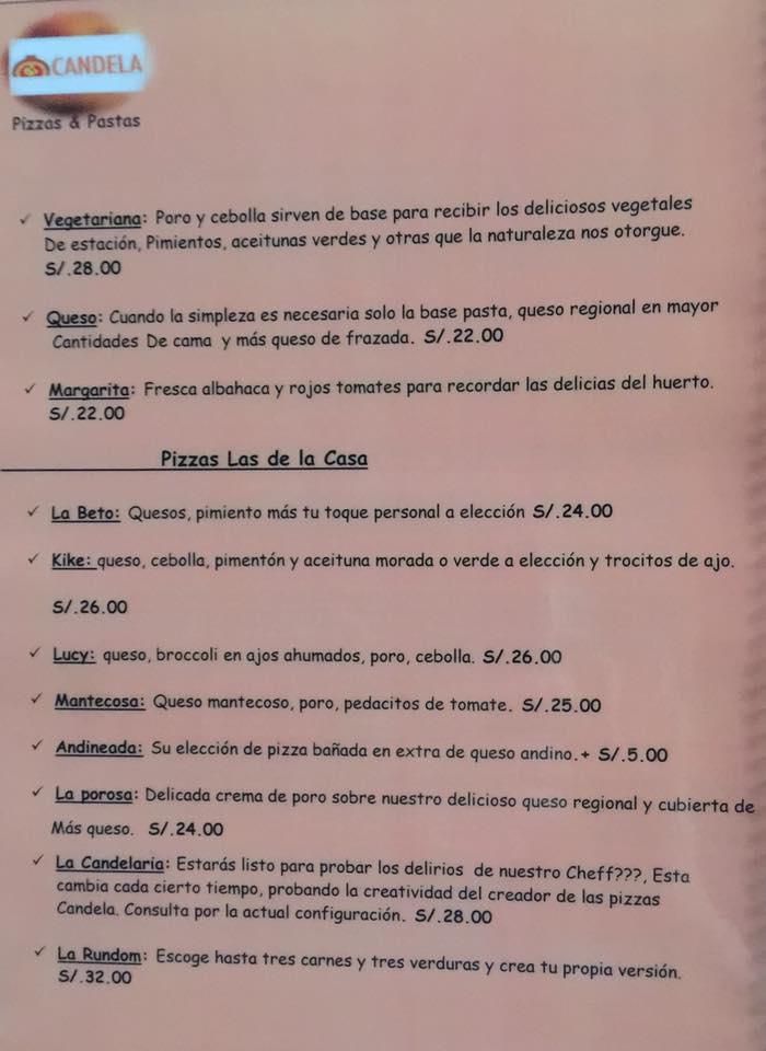 Menu at Candela restaurant, Chachapoyas