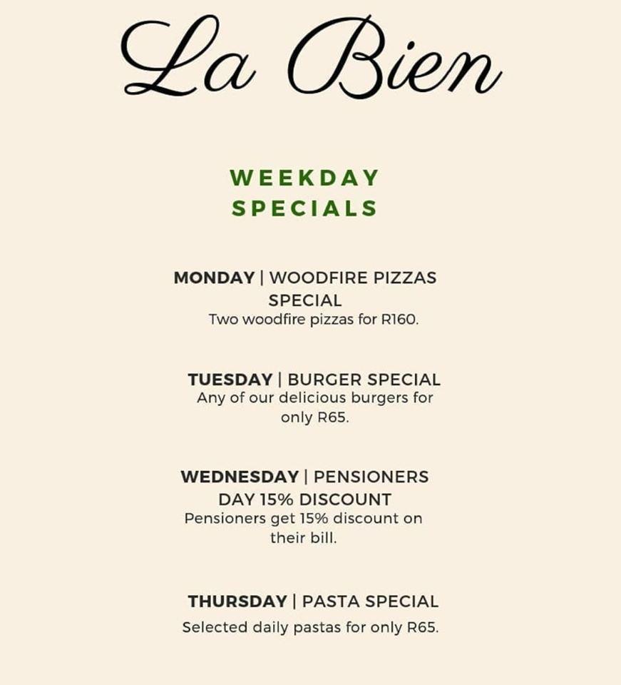 Menu at La Bien - Bakery • Bistro, Cape Town