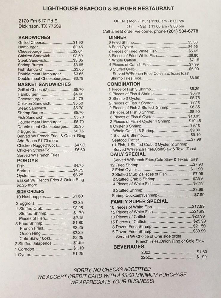 Menu at Lighthouse Seafood Restaurant, Dickinson, FM 517 Rd E