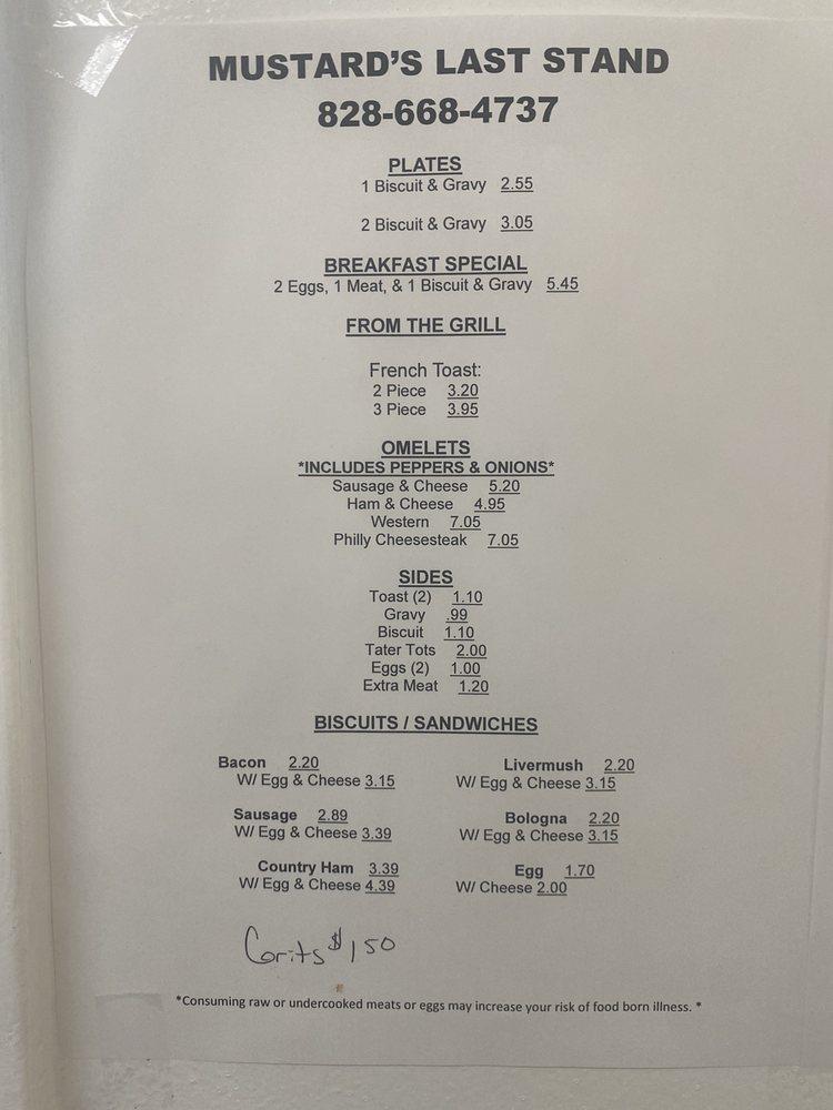 Menu at Mustard's Last Stand restaurant, Old Fort