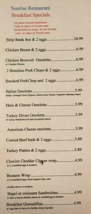 Menu at Sunrise Restaurant, Whiting