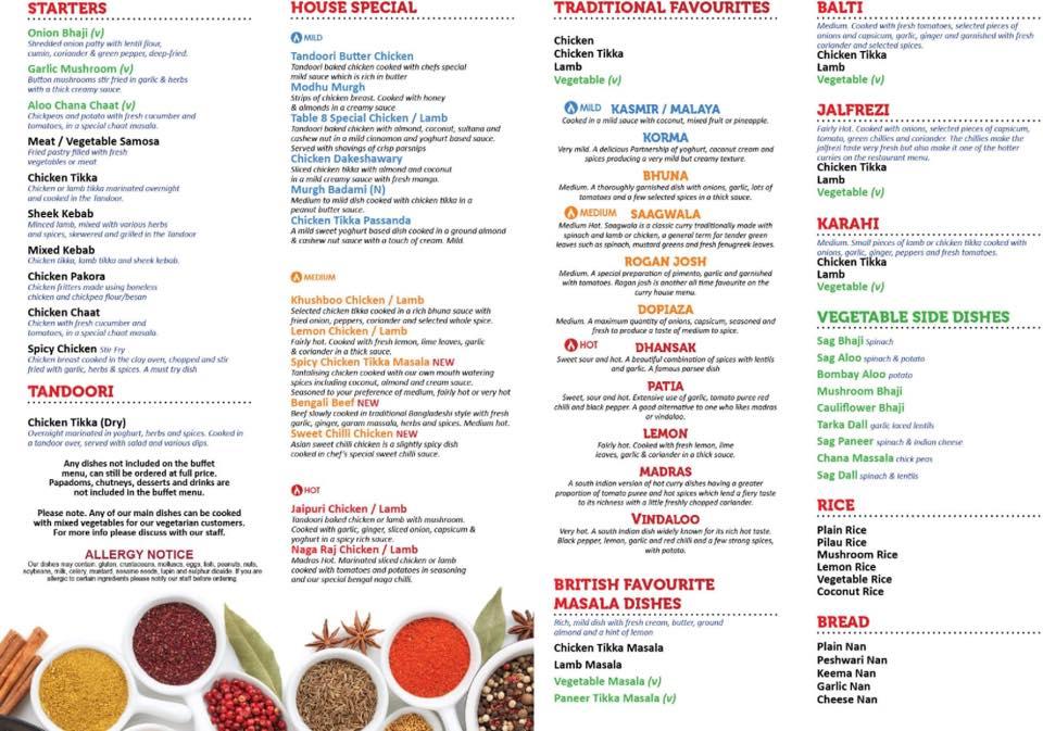 Carta del restaurante Table 8, Wedmore