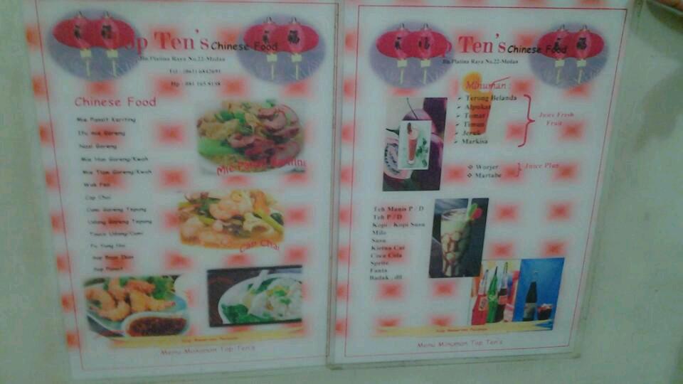 Menu at Top Ten's restaurant, Medan