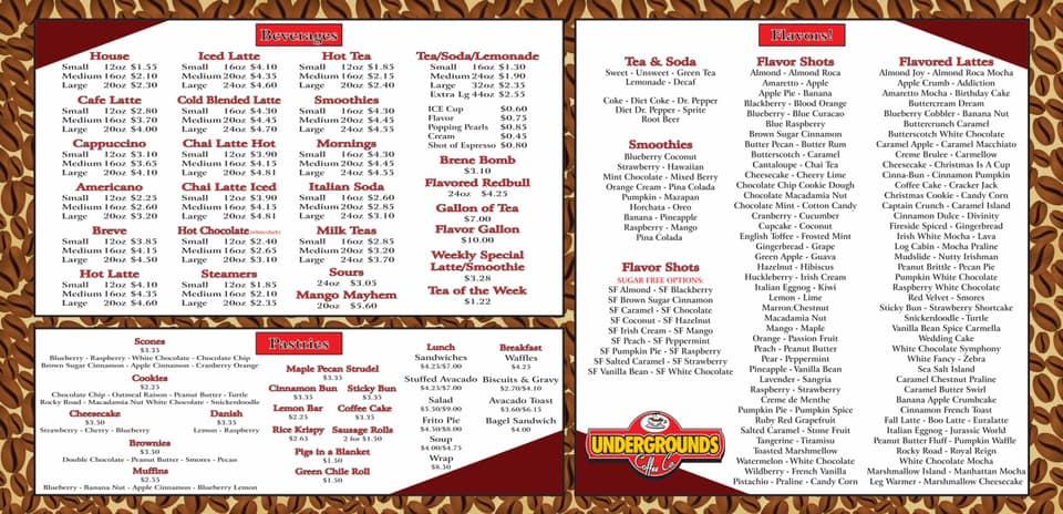 Menu at Undergrounds Coffee Co. cafe, Hobbs, N Grimes St