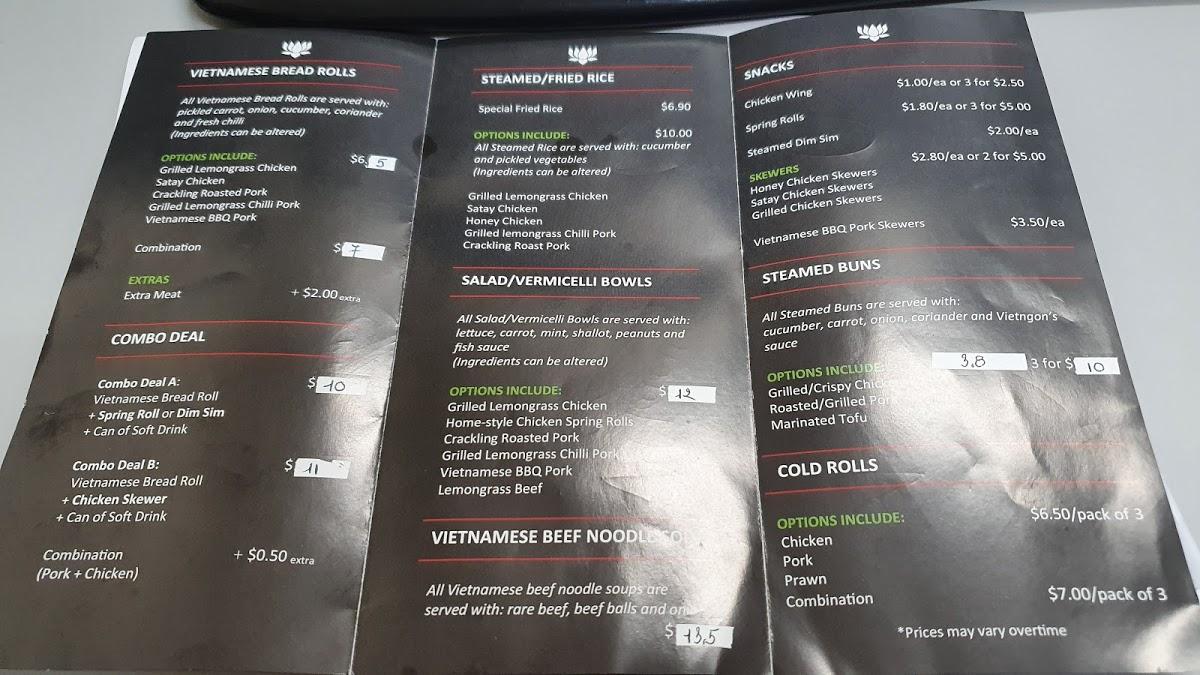 Menu at Vietngon restaurant, Cowandilla
