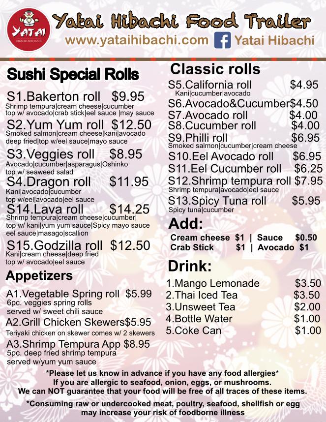Menu at Yatai Hibachi, Harpers Ferry