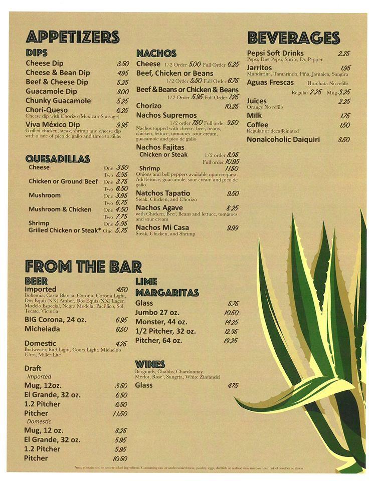 Menu at Agave restaurant, Rantoul