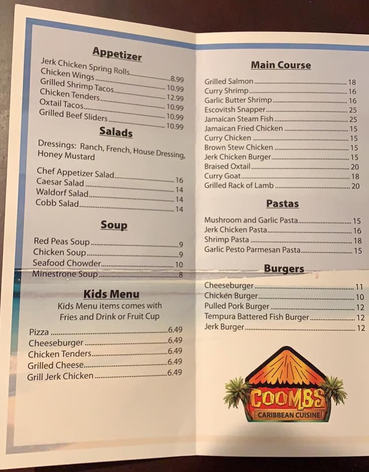 Menu at Coombs Caribbean cuisine restaurant, Madisonville
