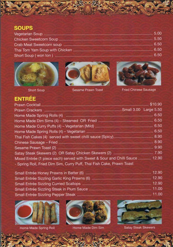 Menu at Dragon Village restaurant, Naracoorte