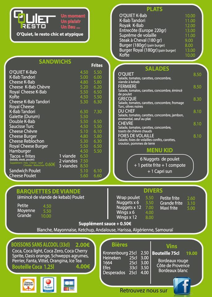 Menu au O Quiet Kebab restaurant, Verdun