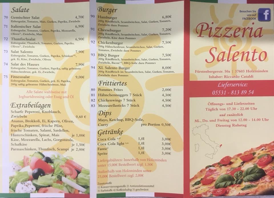 Menu at Pizzeria Salento, Holzminden