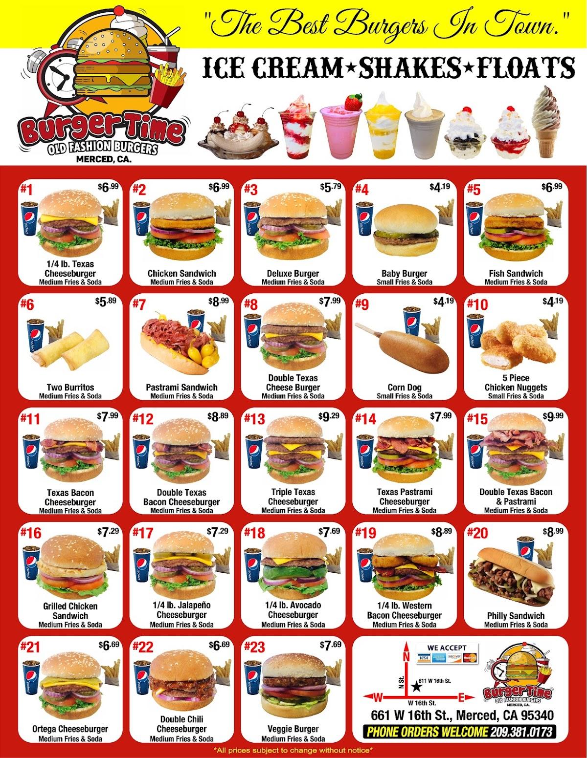 Menu at Burger Time restaurant, Merced