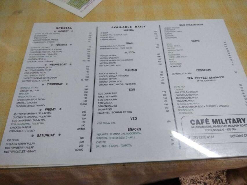 Menu at Cafe Military, Mumbai