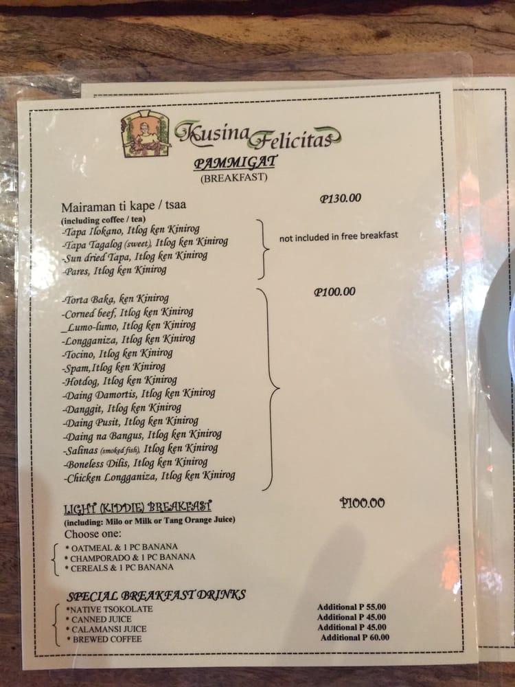 Menu At Cafe Uno Vigan City Grandpa s Inn