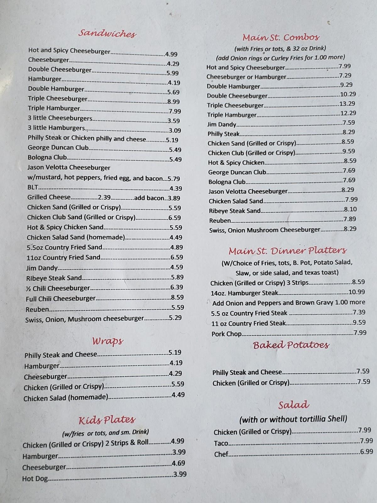 Menu at Jimmy's Main Street Grill restaurant, Brownsville