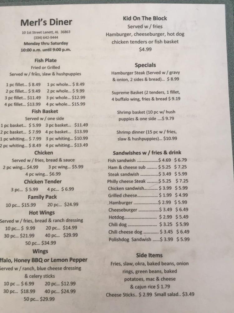 Menu at Merl's Diner restaurant, Lanett, 10 1st St