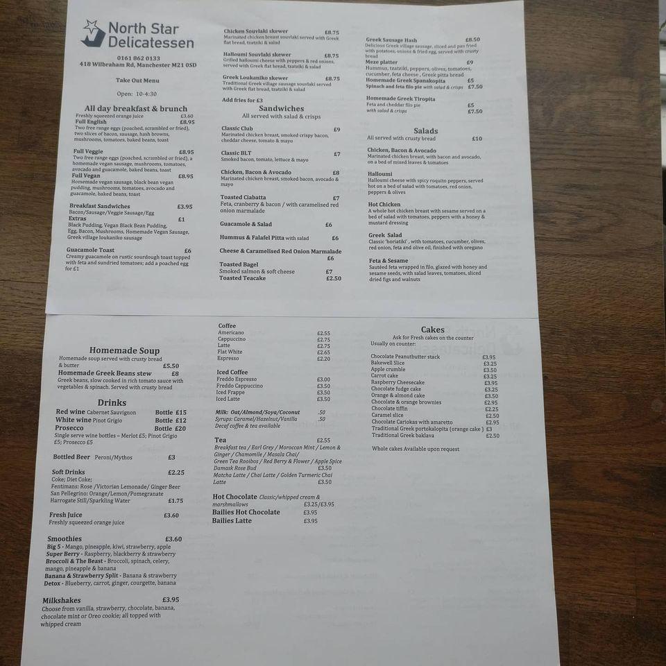Menu at North Star Delicatessen cafe, Manchester