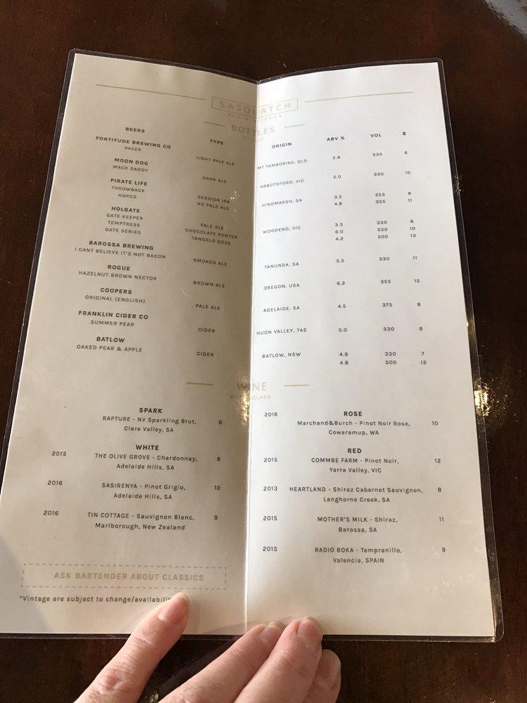 Menu at SASQUATCH BAR, Chermside