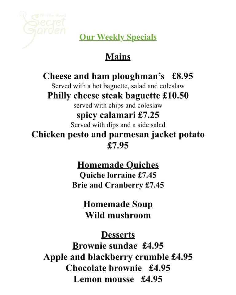Menu at The Secret Garden Tearooms restaurant, Chelmsford