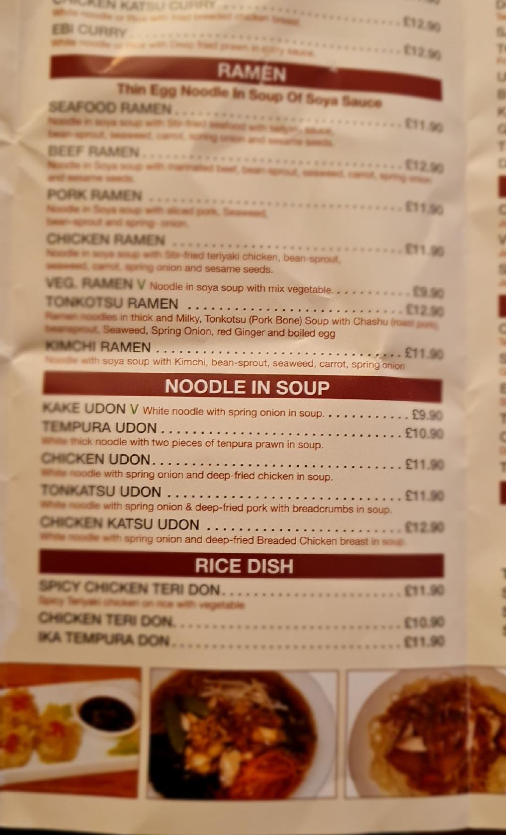 Menu at Taro Japanese Restaurant Victoria, London