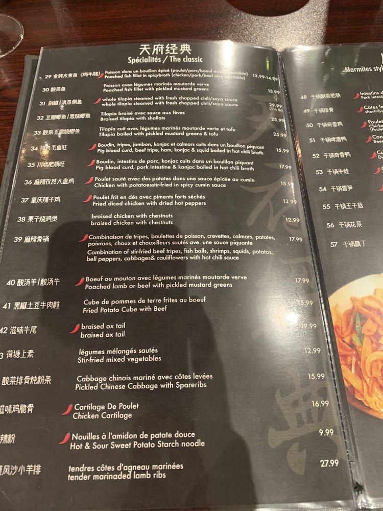 Menu at Tian Fu Restaurant, Brossard