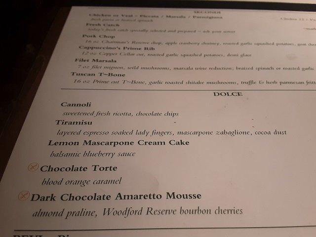 Menu at Cappuccino's restaurant, Knoxville