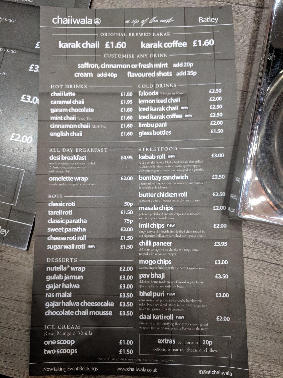 Menu at Chaiiwala cafe, Batley