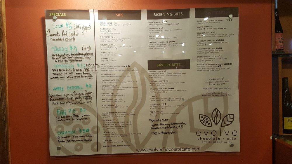 Menu at Evolve Chocolate + Cafe, Bellingham