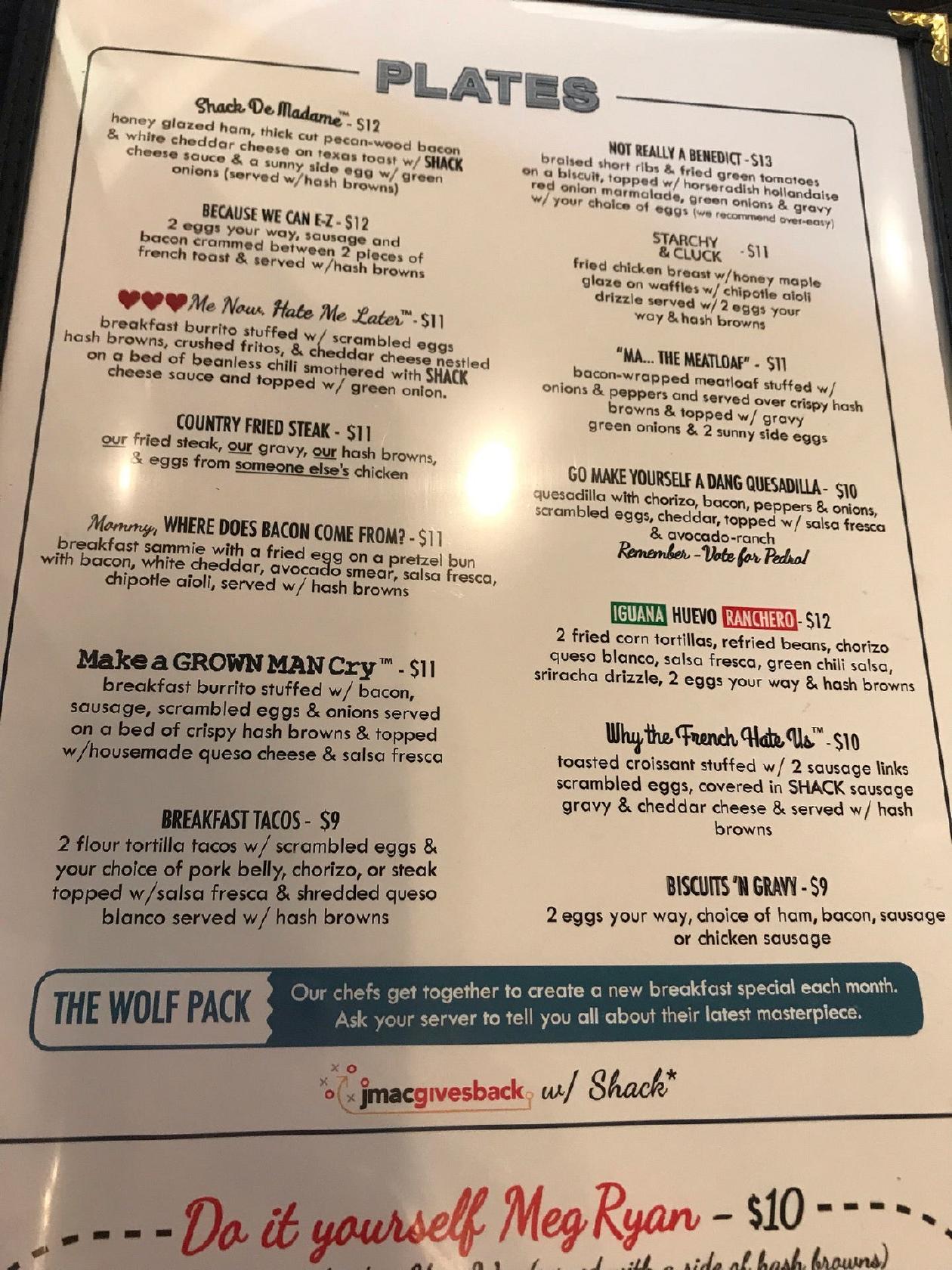 Menu at Shack Breakfast & Lunch restaurant, Overland Park, College Blvd