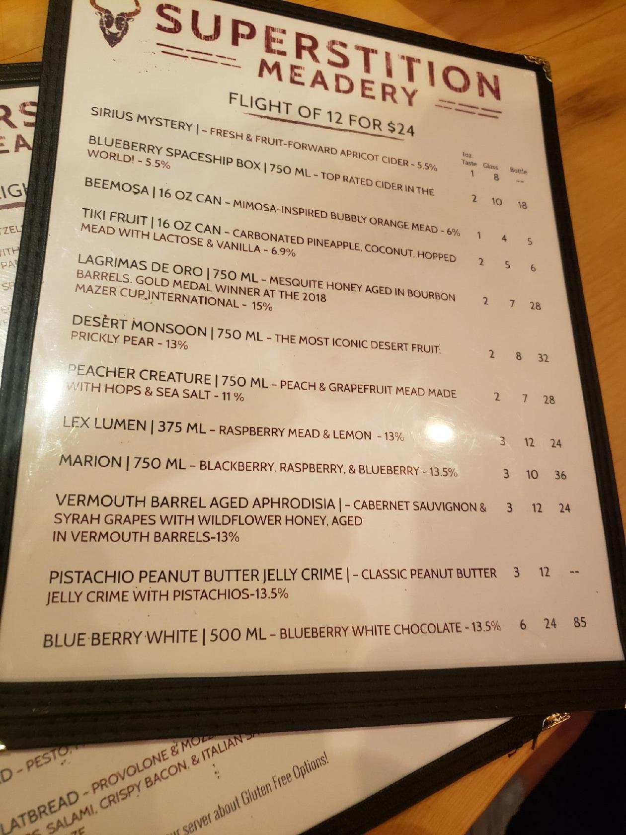 Menu at Superstition Meadery pub & bar, Prescott