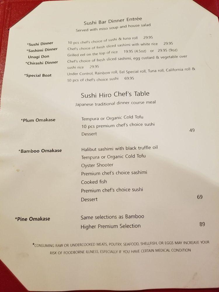 Menu at Sushi Hiro restaurant, Las Vegas
