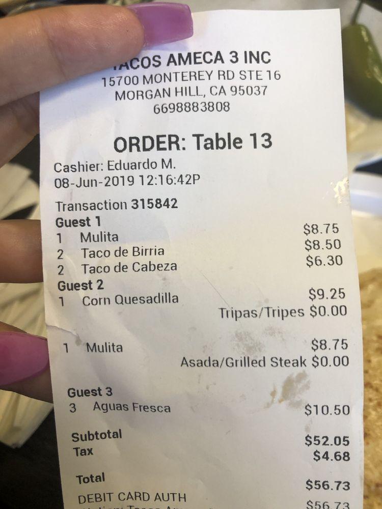 Menu at Tacos Ameca #3 restaurant, Morgan Hill