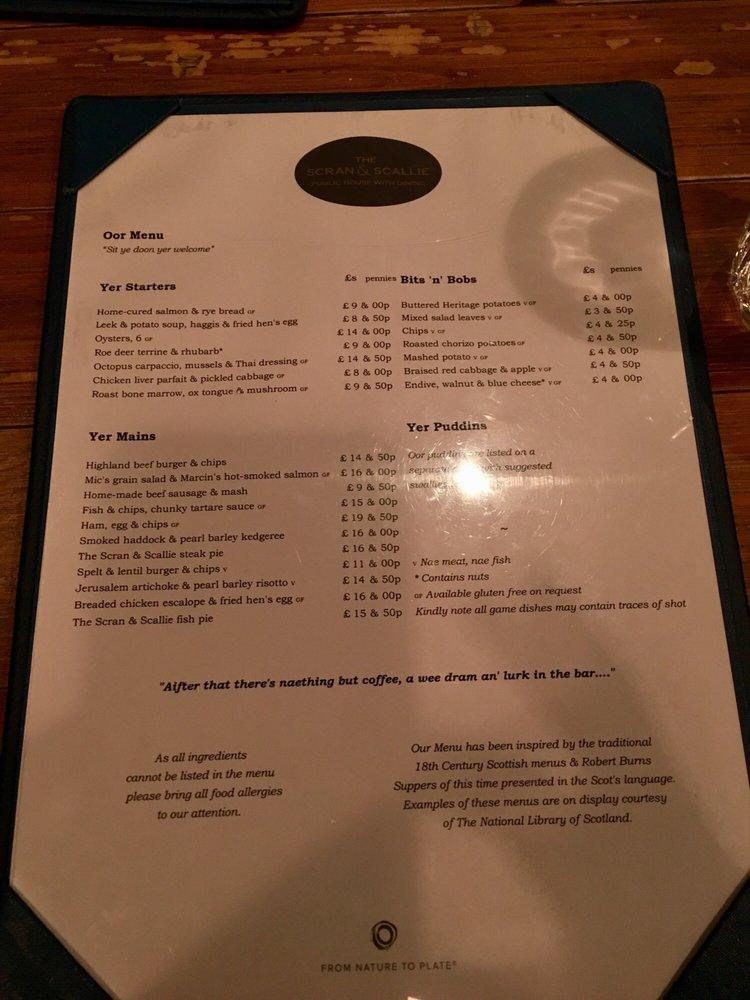 Menu at The Scran and Scallie pub & bar, Edinburgh