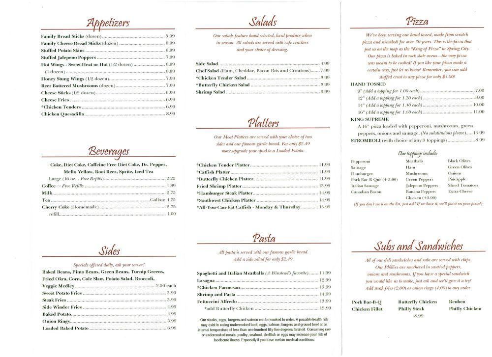 Menu at Winstead's American Grill & King of Pizza pizzeria, Spring City ...