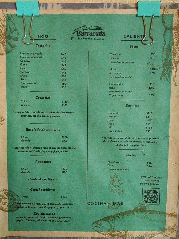 Menu at Barracuda Sayulita, Sayulita, Delfines 21-Planta Alta