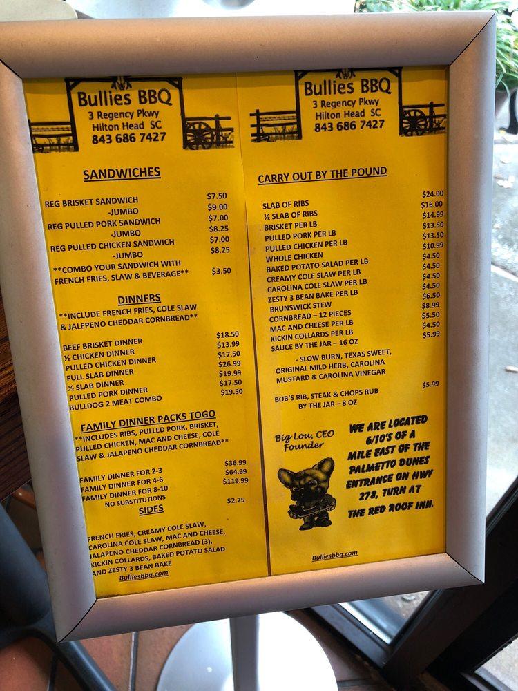 Menu at Bullies BBQ, Hilton Head Island