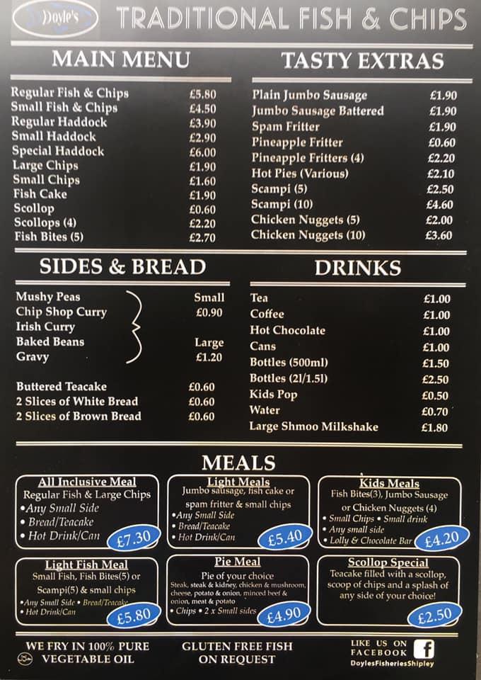 Menu at Doyle's Fisheries cafe, Shipley