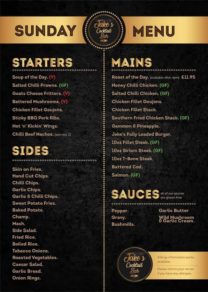 Menu at Jakes Cocktail Bar And Grill, Antrim